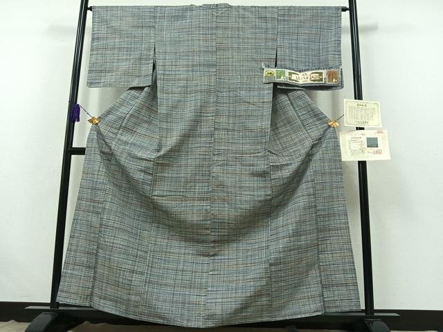 平和屋着物▽本場結城玉紬 単衣 格子 結織苑 証紙付き