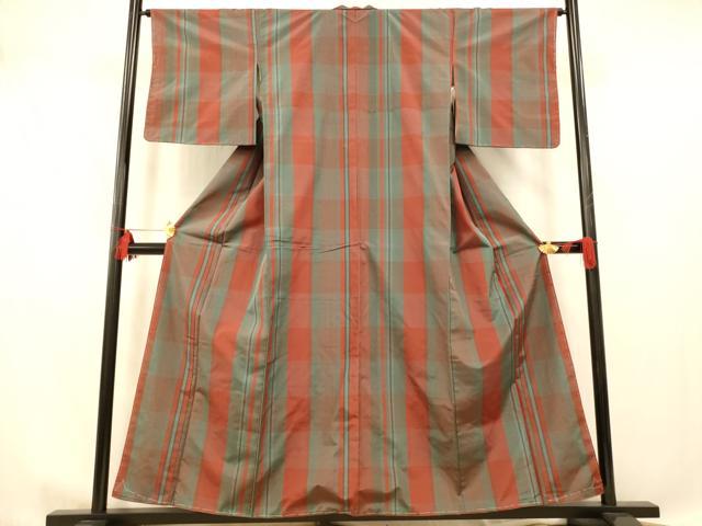 平和屋着物▽上質な紬 単衣 格子 正絹 逸品 AABD0213fy 平和屋着物