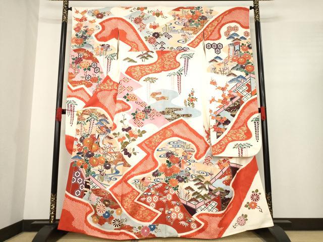 平和屋着物○豪華振袖 友禅 駒刺繍 絞り 御所車花文 金彩 正絹 逸品