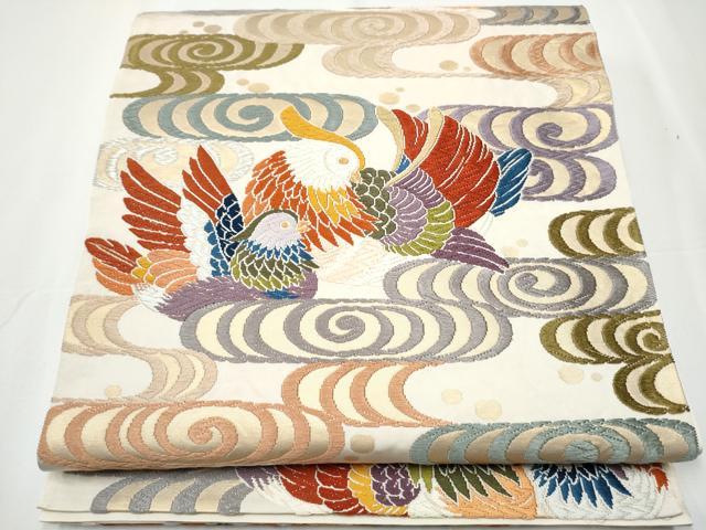 平和屋着物○六通柄袋帯 唐織 流水鴛鴦文 銀糸 正絹 逸品 CAAY2596hy