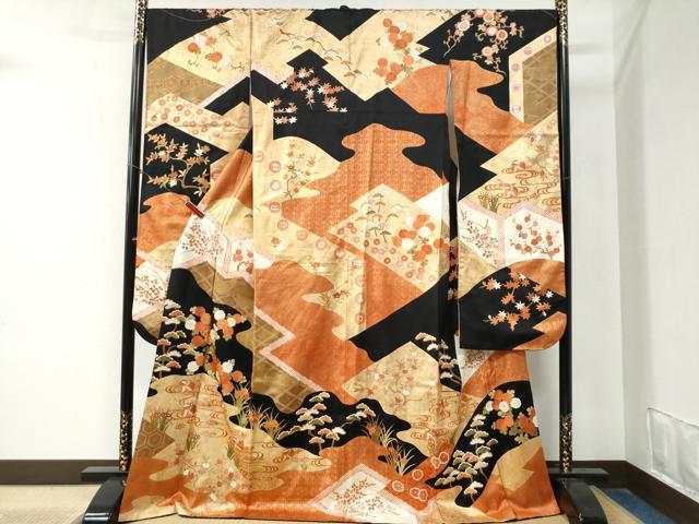 平和屋着物○豪華振袖 駒刺繍 流水鴛鴦橘草花文 黒地 金彩 正絹