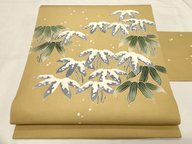 平和屋着物○塩瀬 九寸名古屋帯 友禅 作家物 雪持ち笹文