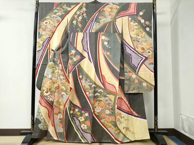 平和屋着物○豪華振袖 駒刺繍 熨斗檜扇花松文 金彩 正絹 逸品