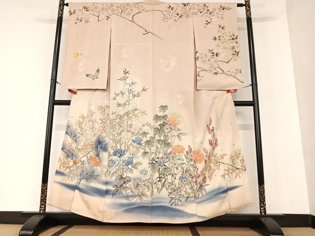 平和屋着物○アンティーク 大正ロマン 訪問着 手描き 刺繍 枝花文 暈し