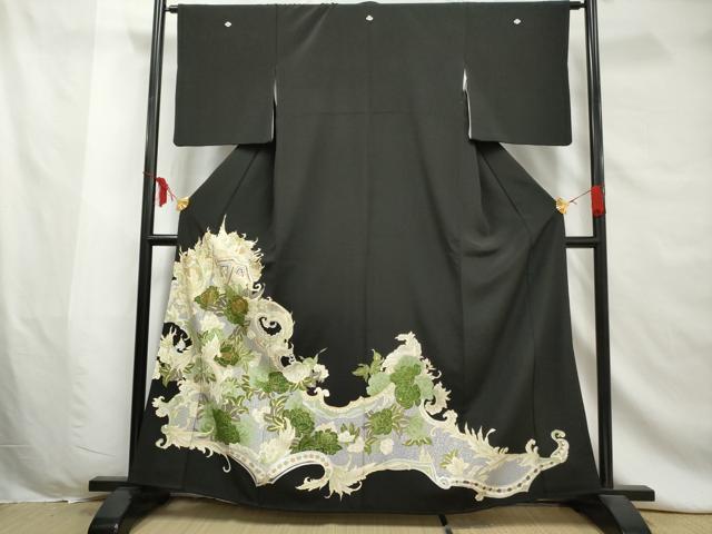 平和屋着物○アンティーク 大正ロマン 黒留袖 刺繍 花鳥文 金糸 正絹