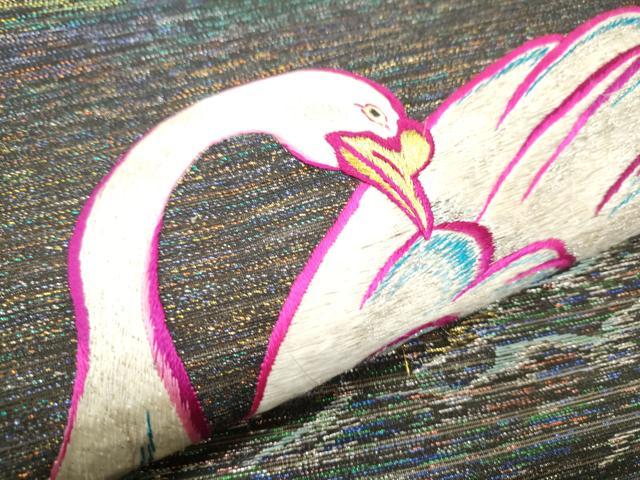 平和屋着物○アンティーク 大正ロマン 九寸名古屋帯 手刺繍 白鳥 金銀糸