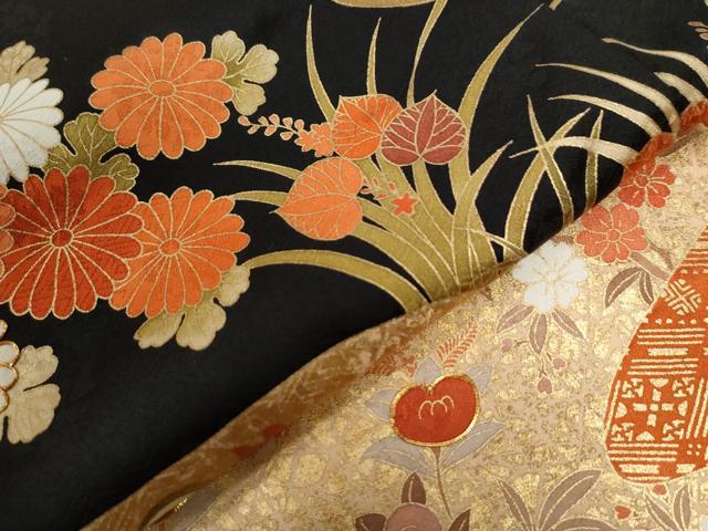 平和屋着物○豪華振袖 駒刺繍 流水鴛鴦橘草花文 黒地 金彩 正絹