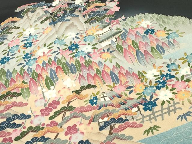 平和屋着物○本加賀友禅作家 鶴見保次 黒留袖 風景松竹梅文