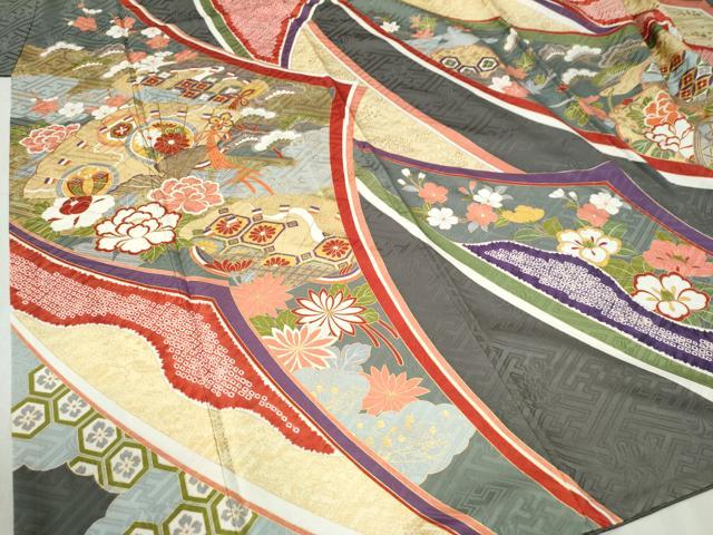 平和屋着物○豪華振袖 駒刺繍 熨斗檜扇花松文 金彩 正絹 逸品