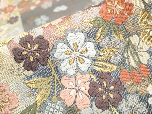 平和屋着物○両面 六通柄袋帯 唐織 桜吹雪 金糸 鈴乃屋扱い 正絹