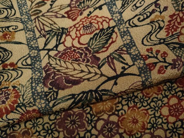 平和屋着物○訪問着 型染め 横段飛鳥草花文 鬼しぼ縮緬