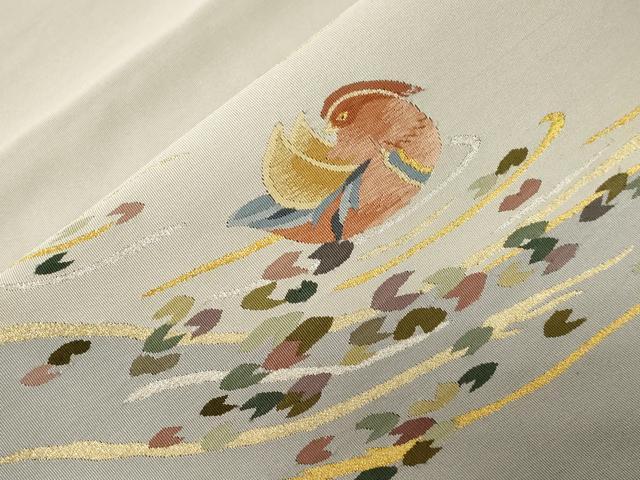 平和屋着物●爪＆#25620；き本綴れ　八寸名古屋帯　流水花鳥文　金銀糸　正絹　逸品　CABB7224dy 平和屋着物○爪搔き本綴れ 八寸名古屋帯 流水花鳥