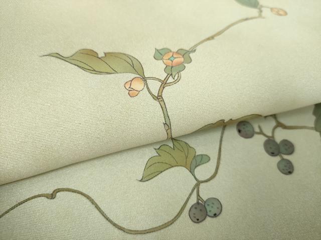 平和屋着物○塩瀬 九寸名古屋帯 手描き 葡萄蔦の葉文 金彩