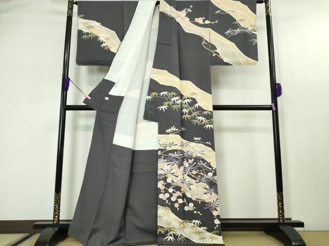 平和屋本店○極上 京友禅作家 山科春宣 訪問着 松竹梅 褐色地