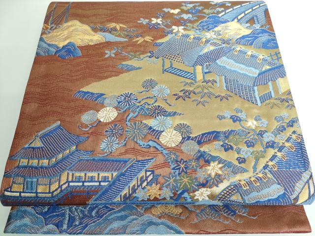 平和屋本店○極上 人間国宝 五代 田畑喜八 六通柄袋帯 藍 風景