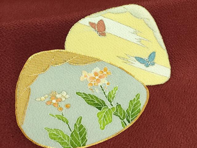 平和屋本店●極上　銀座　志ま亀　九寸名古屋帯　駒刺繍　貝合わせ花文　赤銅色地　金彩　鬼しぼ縮緬　たとう紙付き　逸品　DZAB2027kh6 平和屋本店○極上 銀座 志ま亀 九寸名古屋帯 駒刺繍 貝